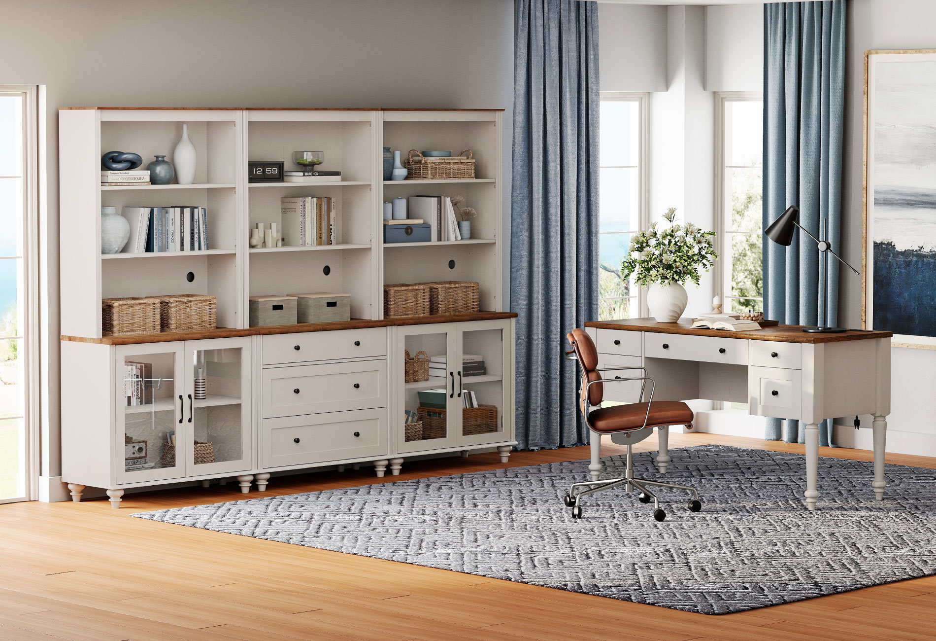 One Allium Way® 2 Piece Office Set, 56" Executive Desk, Bookcases With 3 Drawers And 2 Glass ...
